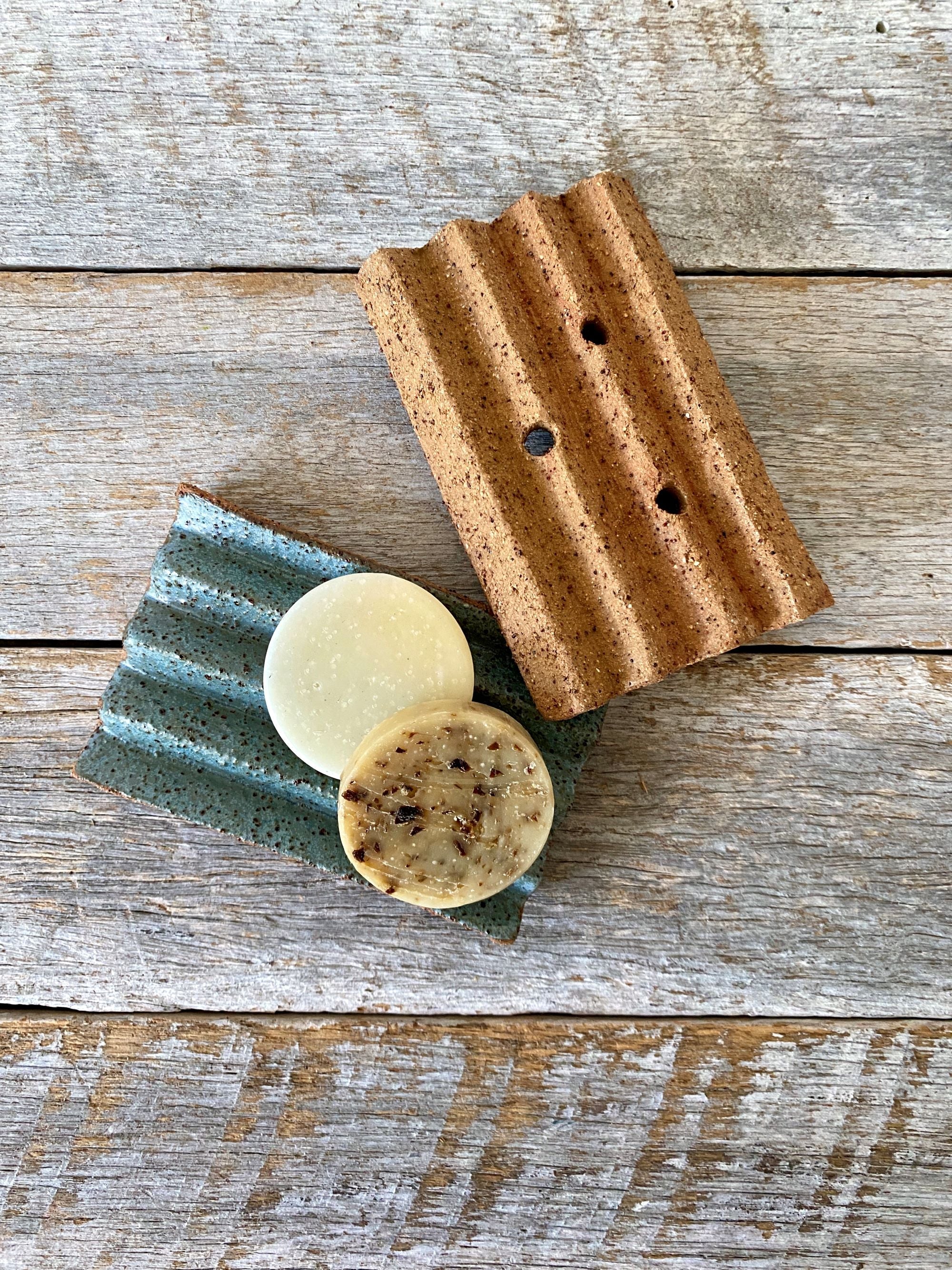 Rustic ceramic handmade soap dish - dusty blue glaze - with 2 handmade ...